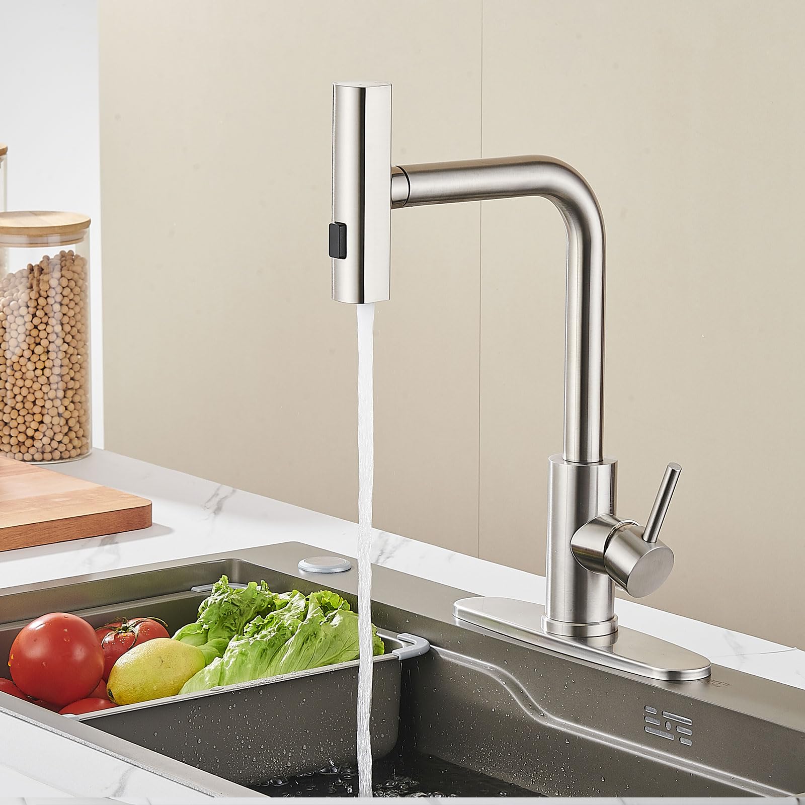 AVSIILE Kitchen Faucets with Pull Down Sprayer, Brushed Nickel Waterfall Touch Single Hole Handle Stainless Steel Kitchen Sink Faucet, Commercial Modern Faucets for Pull-Down Sprayer Kitchen Sinks