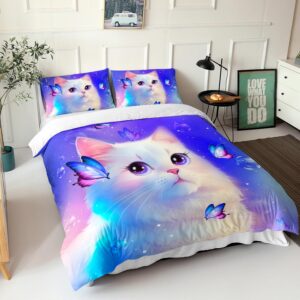 AILONEN Cat Pattern Duvet Cover Set King Size,Cat Lover Bedding Set, Butterfly Cat Comforter Cover Set,Boys Girls Pet Cat Duvet Cover Set 3 Pieces, 1 Duvet Cover and 2 Pillowcases