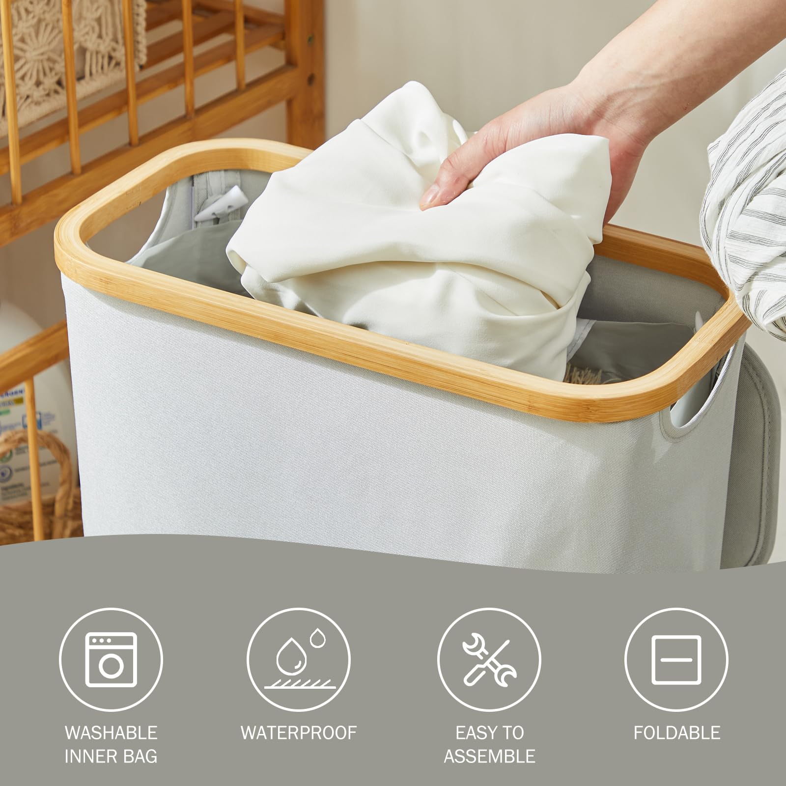 48L Slim Laundry Hamper with Lid, Tall Laundry Basket with Removable Bag, Narrow Clothes Hamper for Corner, Foldable Storage Basket with Lid for Laundry Room, Bedroom, Toys & Blankets, Grey