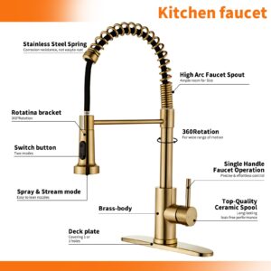 Brushed Gold Kitchen Faucet with Pull Down Sprayer, RV Brass Kitchen Faucet Stainless Steel Single Handle Spring Faucet with Deck Plate for Farmhouse Utility bar Laundry Sinks,Grifos De Cocina