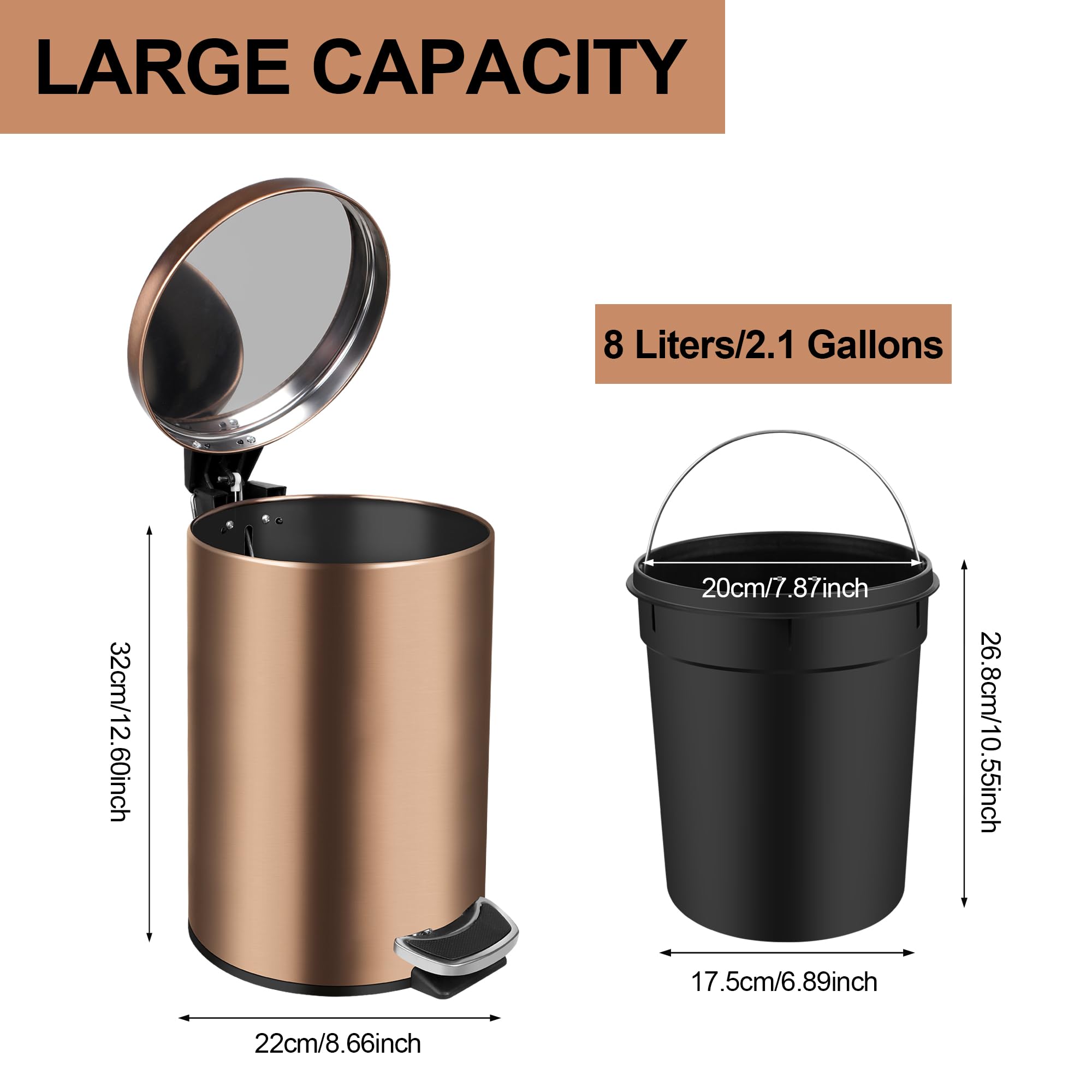 DAMGOLOZA Stainless Steel Step Trash Can - 2.1 Gallon with Soft-Close Lid - Hands-Free Foot Pedal Bin for Kitchen and Bathroom - Gold