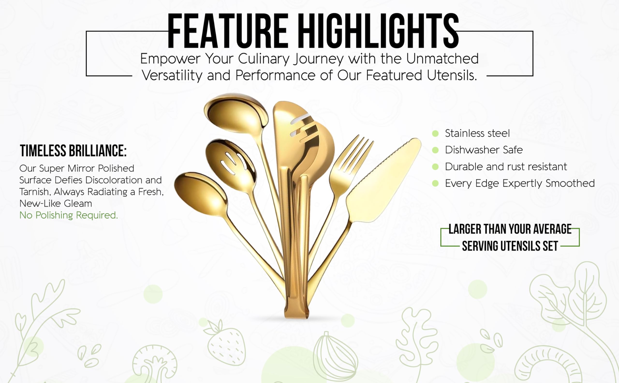 NEXNEOM Serving Utensils Set Gold 10-Piece - Stainless Steel Stunning Mirror-Finish, Lightweight, Dishwasher Safe - Includes Slotted Spoons, Forks, Tongs, Ladle, and Pie Server for buffet & parties