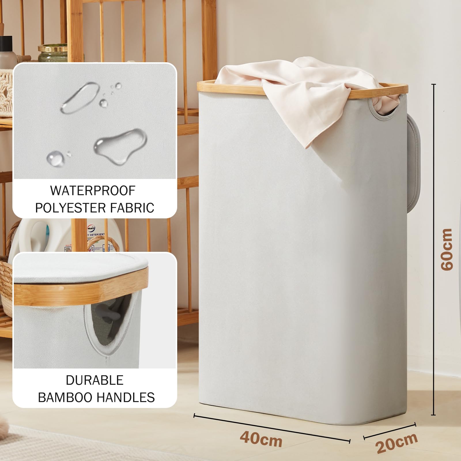 48L Slim Laundry Hamper with Lid, Tall Laundry Basket with Removable Bag, Narrow Clothes Hamper for Corner, Foldable Storage Basket with Lid for Laundry Room, Bedroom, Toys & Blankets, Grey