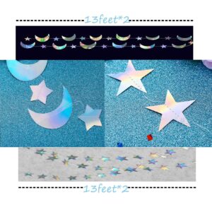 Abien Moon Star Garland Decorations Holographic Hanging Decor Party Streamers Silver Twinkle Star Banner Backdrop for Baby Shower Birthday Wedding Engagement Disco Sparkly Party Decorations 4PCS