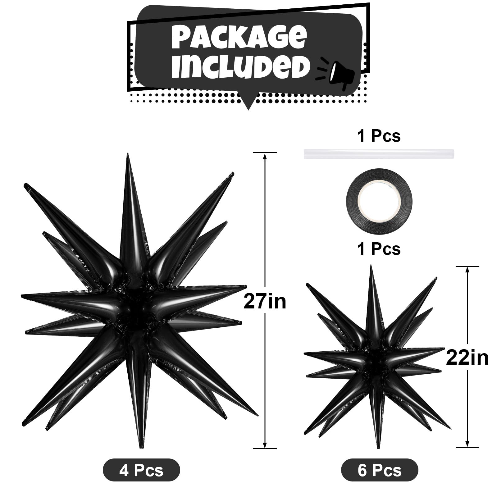 10 Pcs Star Balloons Explosion Starburst Balloons Foil Cone Balloons Magic for Birthday Wedding Anniversary Party Backdrops Decorations Supplies, 6 Pcs 22 Inches and 4 Pcs 27 Inches (Black)