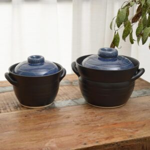 Banko-ware Donabe Japanese Earthenware Rice Pot with Double-Lid Technology – Elegant Jet-Black & Blue Design – Ensures Fluffy Rice Every Time – Includes English Manual – Made in Japan (3-5 per)