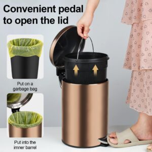 DAMGOLOZA Stainless Steel Step Trash Can - 2.1 Gallon with Soft-Close Lid - Hands-Free Foot Pedal Bin for Kitchen and Bathroom - Gold