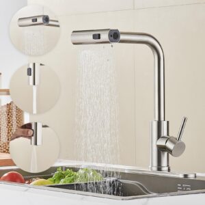 avsiile kitchen faucets with pull down sprayer, brushed nickel waterfall touch single hole handle stainless steel kitchen sink faucet, commercial modern faucets for pull-down sprayer kitchen sinks