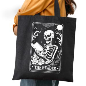 AUSVKAI Canvas Tote Bag Aesthetic for Women, Cute Book&skull Reusable Cloth Cotton Bags for College Shopping Beach Grocery Trendy Gifts