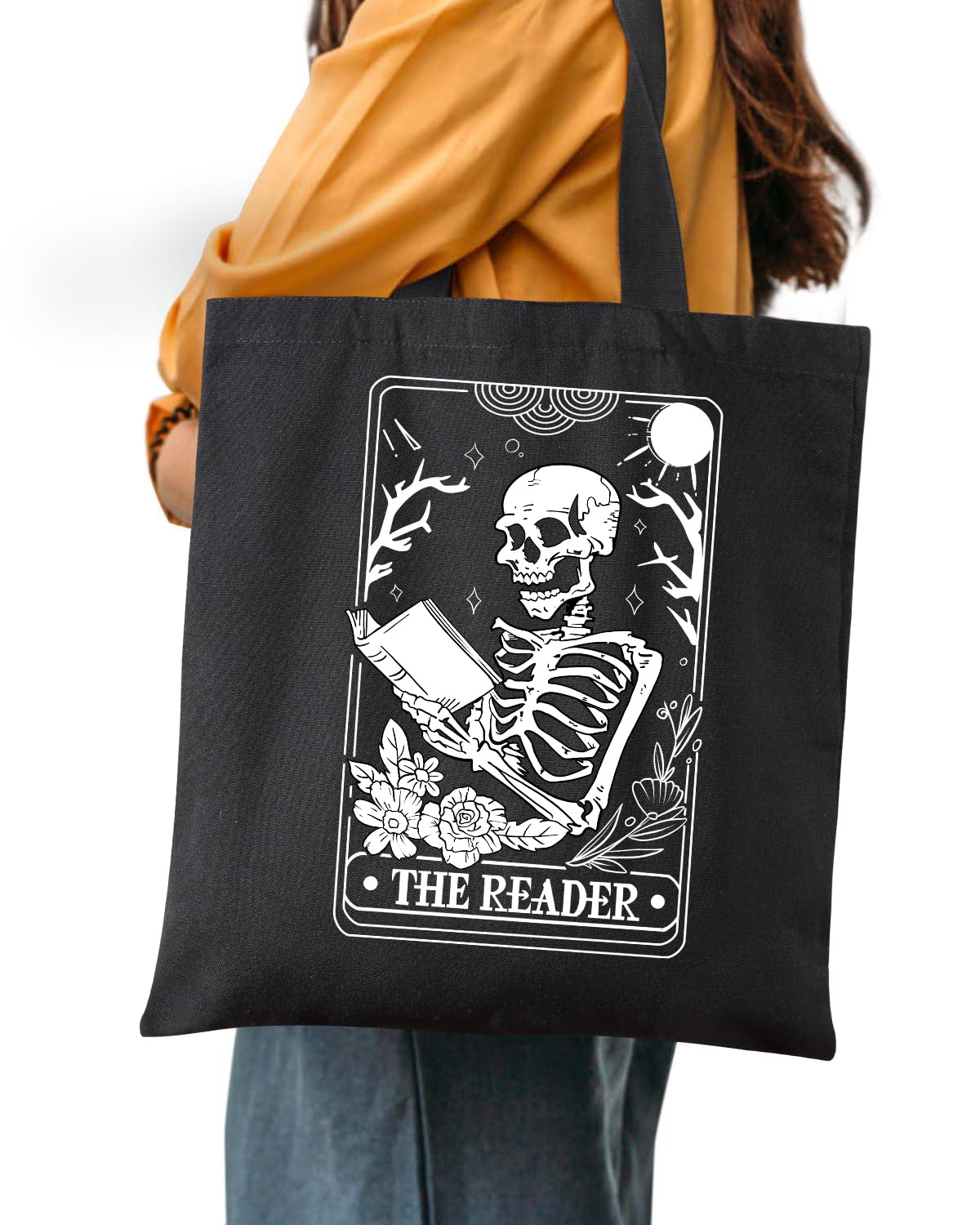 AUSVKAI Canvas Tote Bag Aesthetic for Women, Cute Book&skull Reusable Cloth Cotton Bags for College Shopping Beach Grocery Trendy Gifts