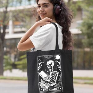 AUSVKAI Canvas Tote Bag Aesthetic for Women, Cute Book&skull Reusable Cloth Cotton Bags for College Shopping Beach Grocery Trendy Gifts