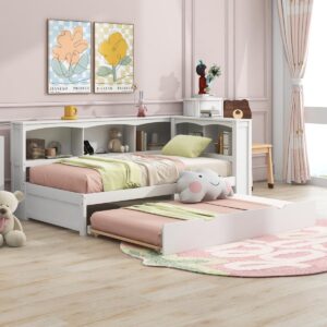 HoRunzelin Twin Size Daybed with Trundle, Storage Cabinets and Charging Station, Pine Wood L Shaped Bookcase Bed Platform Bed with Shelves for Kids Boys Girls, White