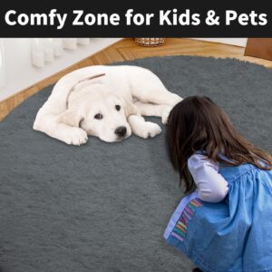 Easy-Going 4X4 Feet Round Area Rugs for Living Room, Non-Slip Floor Shaggy Rugs for Bedroom, Fluffy Shag Fuzzy Plush Soft Carpets, Indoor Carpet for Kids Boys Girls Dorm Nursery Room, Grey