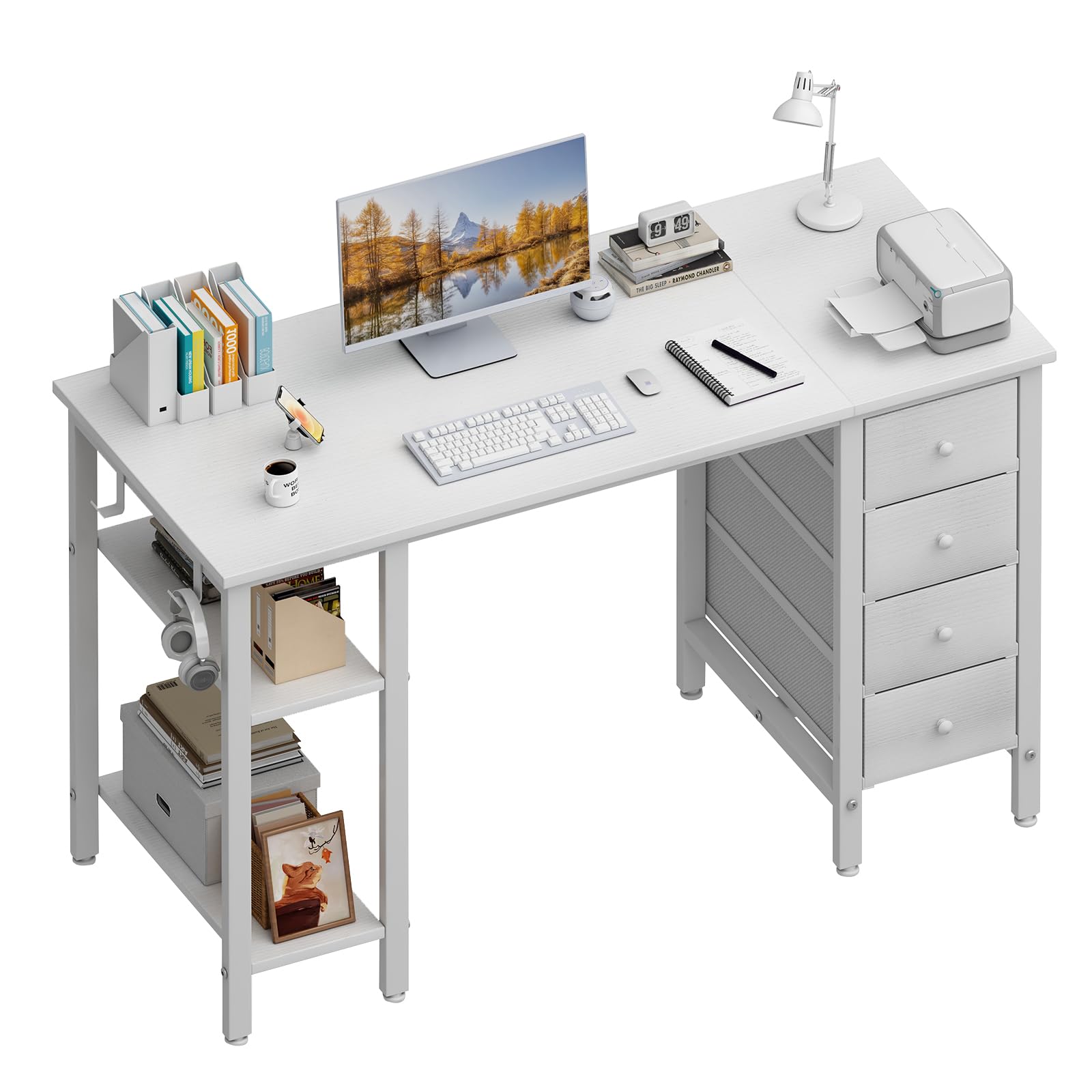 Lufeiya White Desk with Drawers & Storage Shelves, 47 Inch Study Work Writing Desk for Home Office Bedroom, Simple Modern Cute PC Computer Desks Table, White