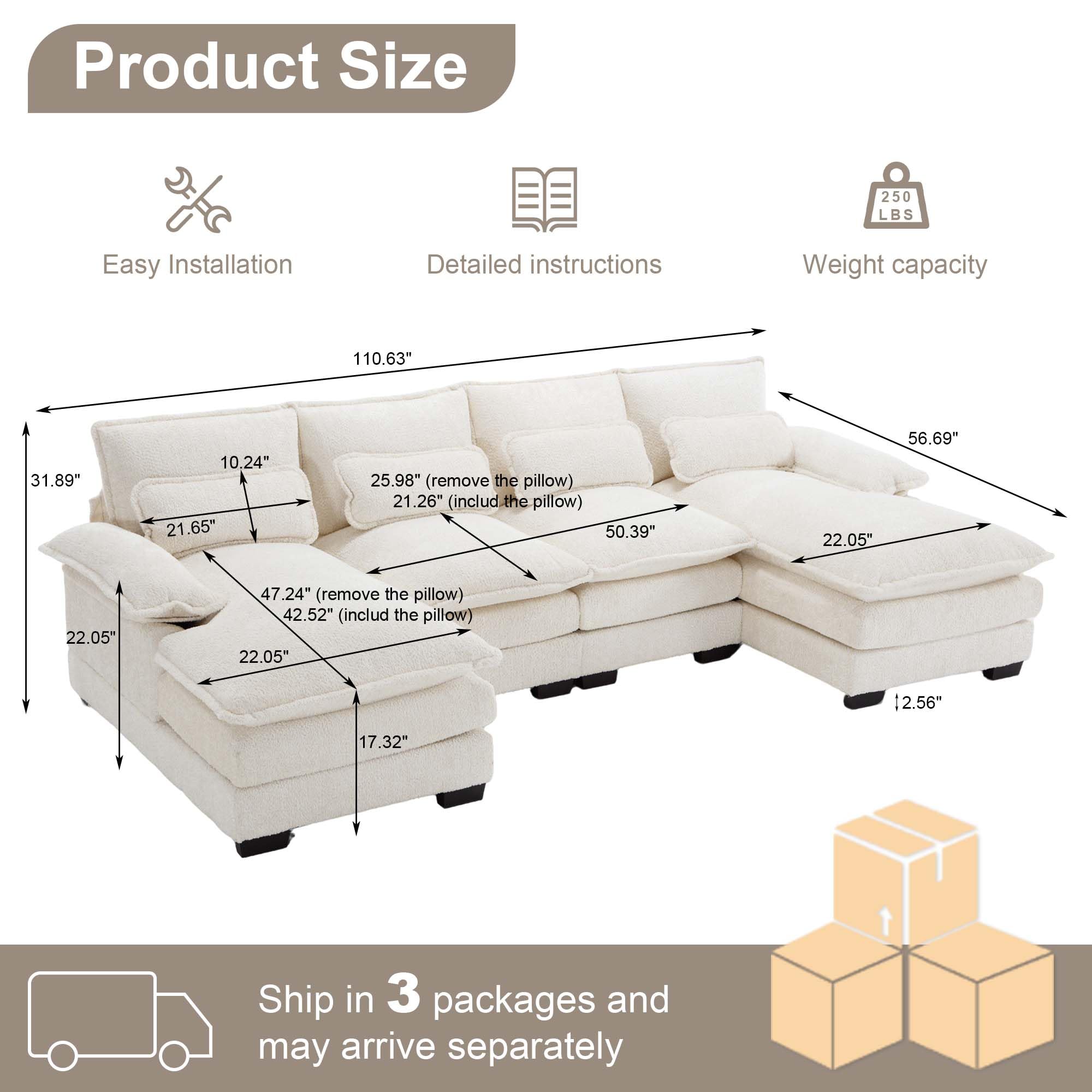 GNIXUU 110" Sectional Sofa Cloud Couch for Living Room, Modern Chenille U Shaped Couch, Comfy Modular Sofa Sleeper with Double Chaise & Memory Foam(Beige)