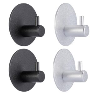 anyffei 4pack adhesive towel hooks, black and silver matte towel hooks heavy duty waterproof stainless wall hooks for coat/robe/towels stick on bathroom/kitchen