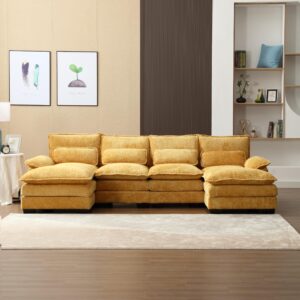 kevinplus 110.6'' Sectional Sofa Couch Cloud Sofa Couch with Chaise Lounge for Living Room, Modern Contemporary 4-Seat U-Shape Sofa Couch for Apartment Home Office, Chenille Fabric, Yellow