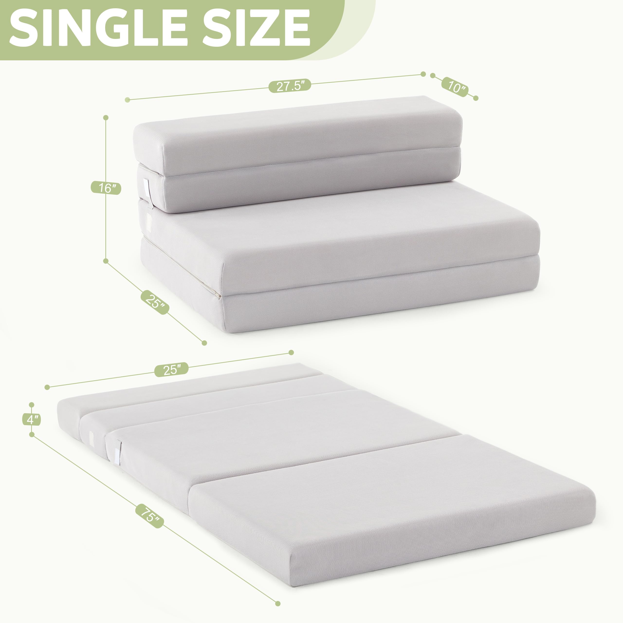 Lazyzizi Foldable Mattress 4Inch Folding Mattress Fold Out Floor Sofa Bed for Adults, Camping, Guest, with Headrest, Breathable & Washable Cover (Single)