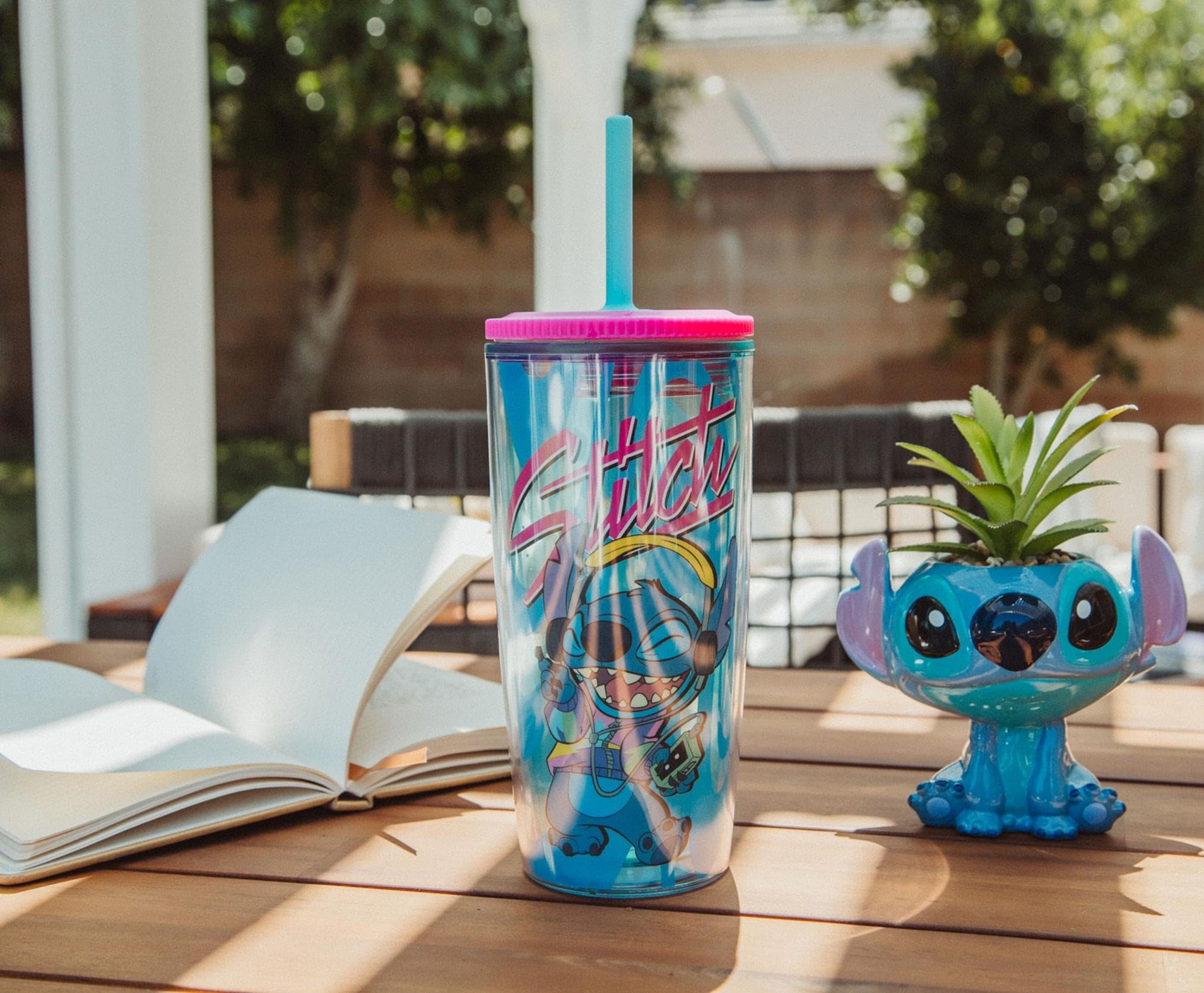 Disney Lilo & Stitch Jamming Plastic Tumbler With Leak-Resistant Lid and Reusable Straw | Double-Walled Travel Cup For Drinks | Holds 20 Ounces