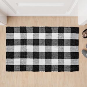 homemonde cotton buffalo plaid rug 27.5" x 43" | black and white checked washable doormat reversible | indoor and outdoor area rug for layered front door mats, porch, kitchen, farmhouse, entryway