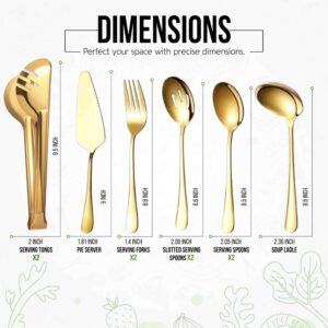 NEXNEOM Serving Utensils Set Gold 10-Piece - Stainless Steel Stunning Mirror-Finish, Lightweight, Dishwasher Safe - Includes Slotted Spoons, Forks, Tongs, Ladle, and Pie Server for buffet & parties