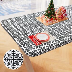 misaya rectangle vinyl table cloth, elastic fitted flannel backed tablecloth, 100% waterproof plastic table cover fits 6 foot folding tables for picnic, camping, outdoor (black, 30" x 72")