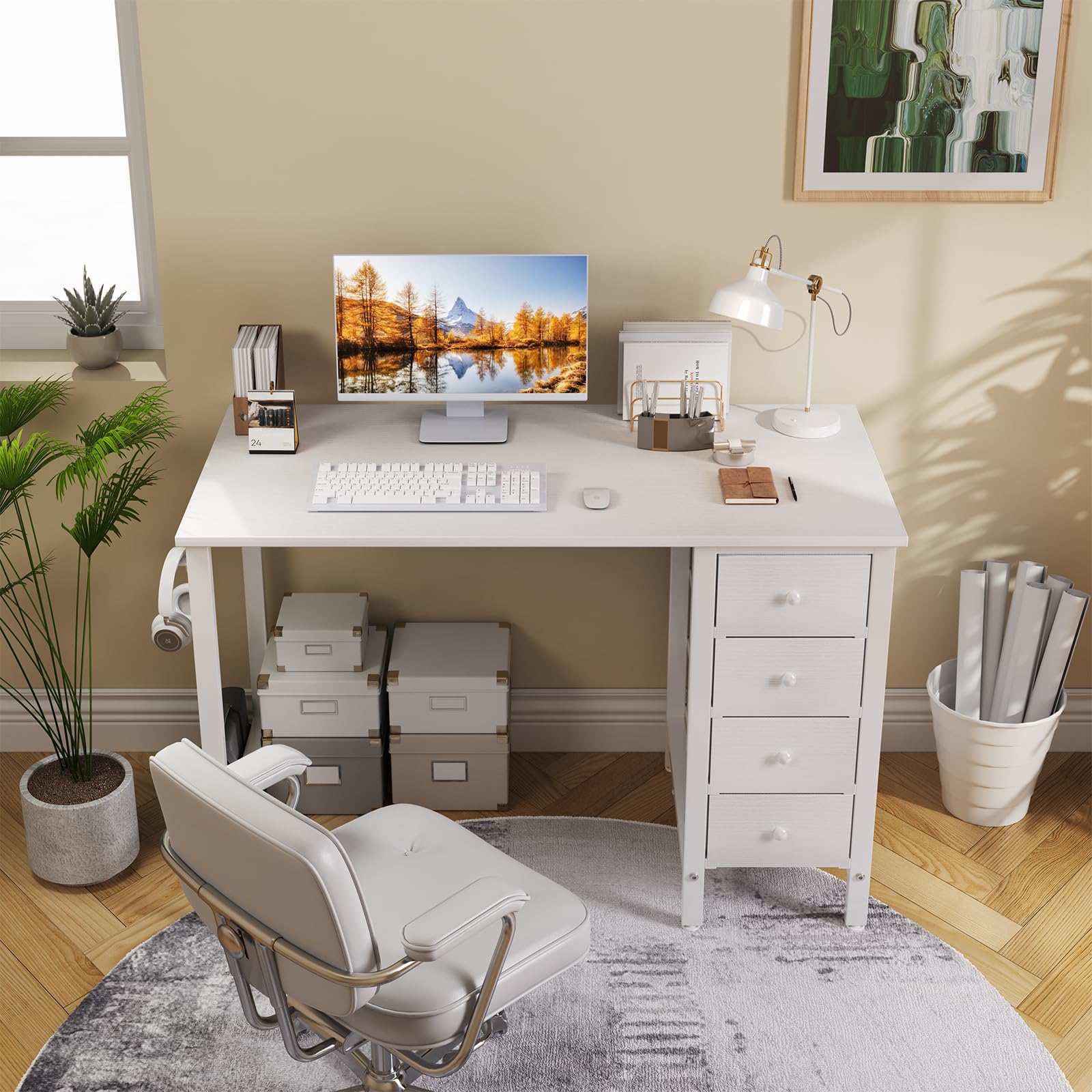 Lufeiya Small White Desk with Fabric Drawers, 40 Inch Kids Girls Teen Cute Study Desk for Bedroom Work, Computer Writing Table Desks with Drawer for Small Spaces Home Office