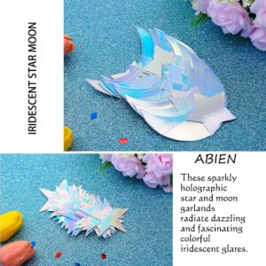 Abien Moon Star Garland Decorations Holographic Hanging Decor Party Streamers Silver Twinkle Star Banner Backdrop for Baby Shower Birthday Wedding Engagement Disco Sparkly Party Decorations 4PCS