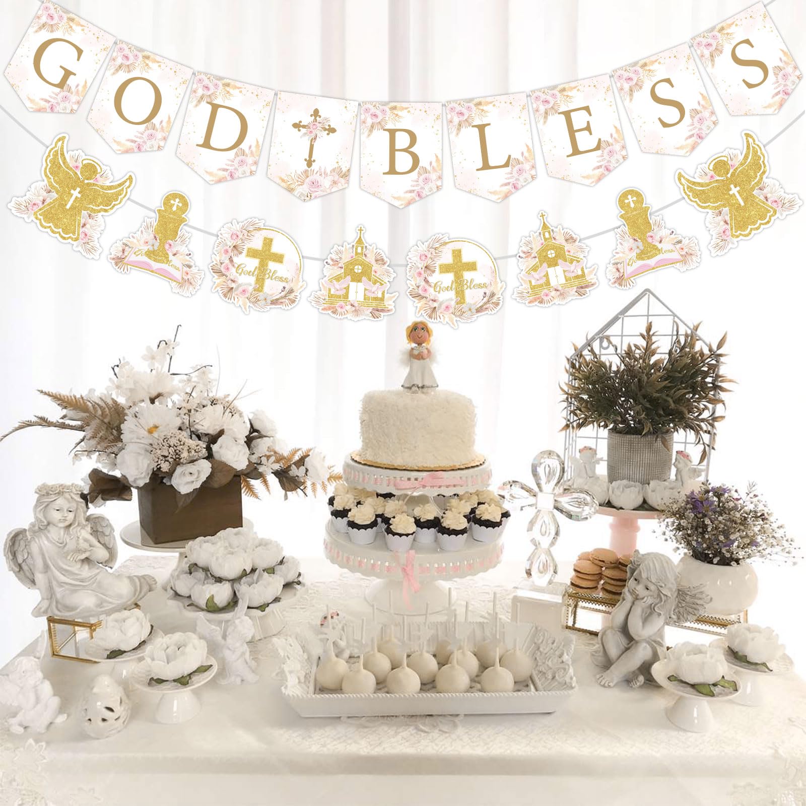 JOYMEMO Pampas Grass God Bless Banner with Baptism Garland - Baptism Decorations for Girls Boho First Holy Communion Christening Girl Shower Bridal Engagement Weddings Party Supplies