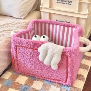 cute pink large storage basket plush handle decorative cute baskets for storage and organizations girls gifts organizer tote bag dorm bedroom nursery toys household laundry 15.7"x11.8"x9.8" (pink)