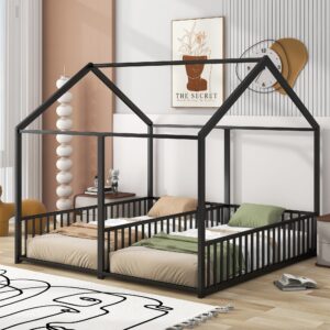 Harper & Bright Designs Twin House Bed for 2 Kids, Double Shared Size Kids Beds, Metal Twin Size Bed Frame, Montessori Floor Kids,Teens, Boys & Girls, Can Be Decorated Tent (Double Twin, Black)