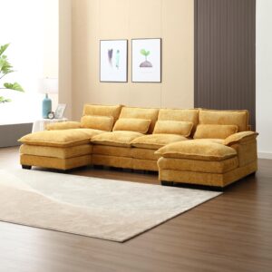 kevinplus 110.6'' Sectional Sofa Couch Cloud Sofa Couch with Chaise Lounge for Living Room, Modern Contemporary 4-Seat U-Shape Sofa Couch for Apartment Home Office, Chenille Fabric, Yellow