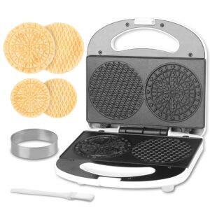 sugarwhisk mini pizzelle maker machine with a 3'' cutter, mini stroopwafel iron, bake 2 x 4'' pizzelles or 3'' stroopwafels, excellent for holiday, party, dessert treat making & more