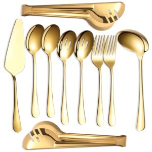 nexneom serving utensils set gold 10-piece - stainless steel stunning mirror-finish, lightweight, dishwasher safe - includes slotted spoons, forks, tongs, ladle, and pie server for buffet & parties