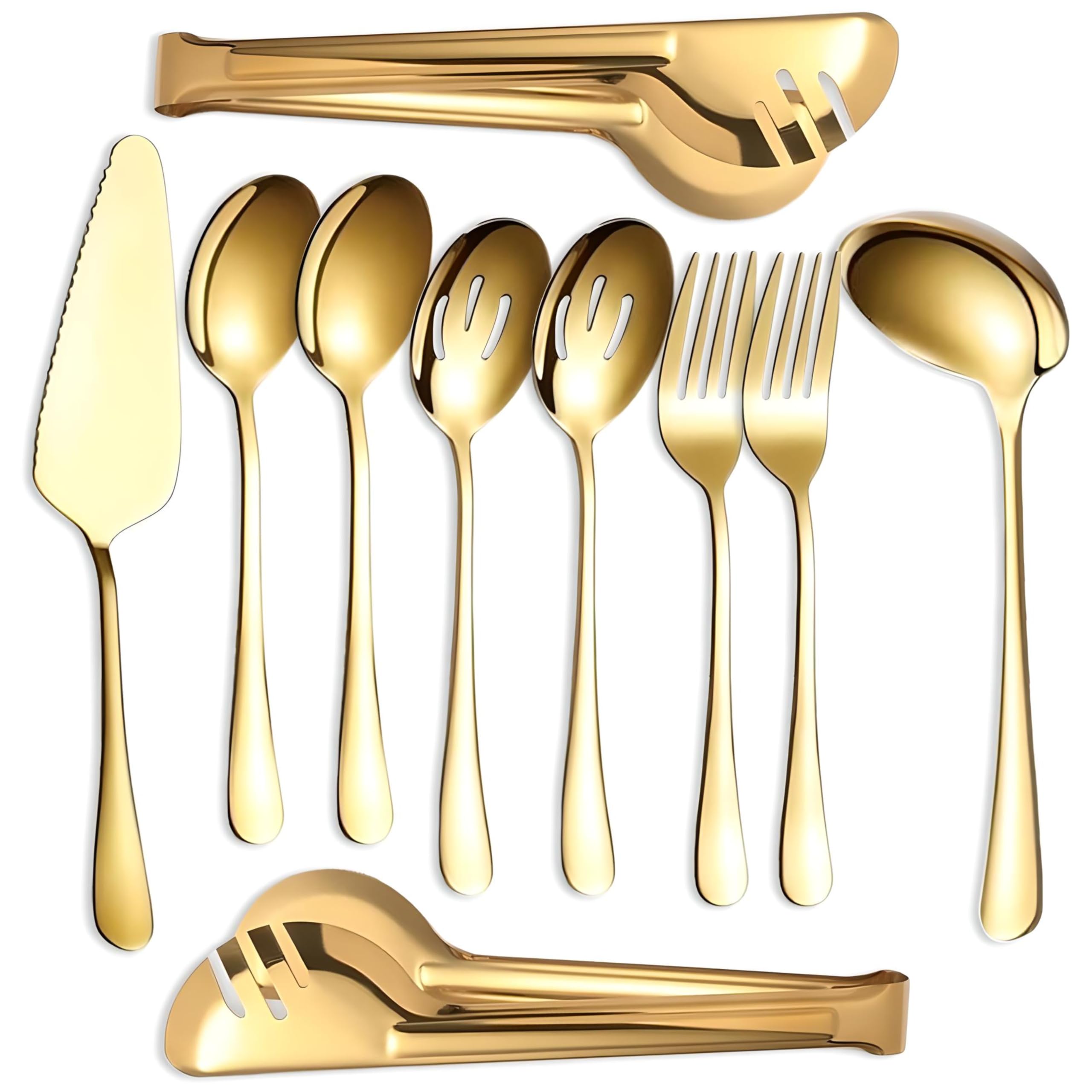 NEXNEOM Serving Utensils Set Gold 10-Piece - Stainless Steel Stunning Mirror-Finish, Lightweight, Dishwasher Safe - Includes Slotted Spoons, Forks, Tongs, Ladle, and Pie Server for buffet & parties