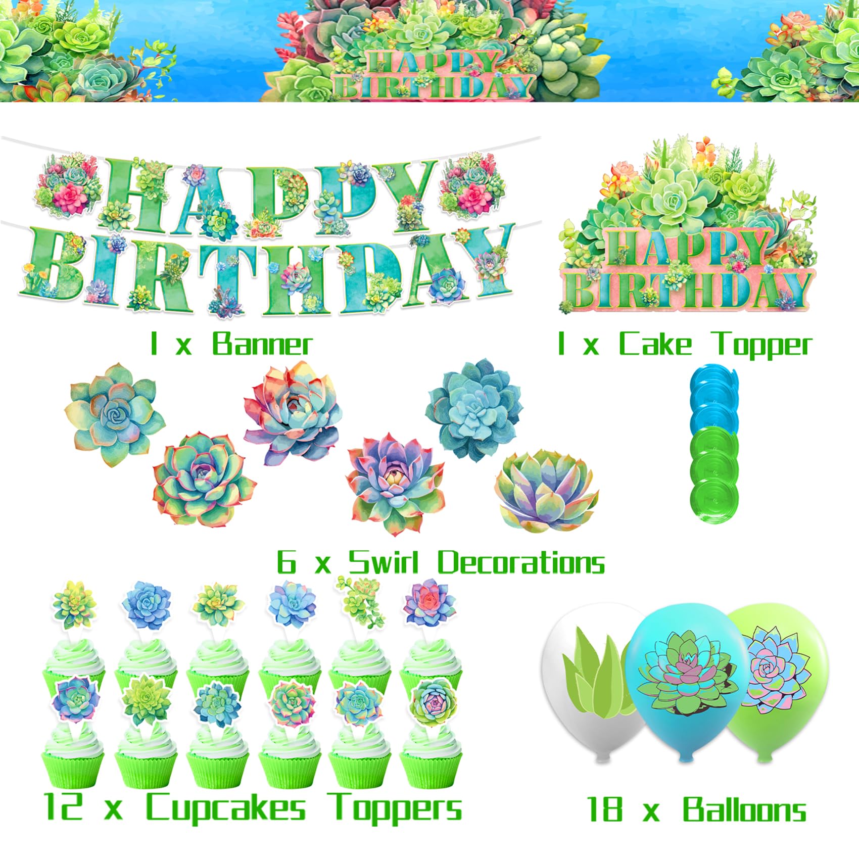 Succulent Plants Birthday Party Decorations Succulent Plants Party Supplies Includes Birthday Banner Cake Cupcake Toppers Hanging Swirls Balloons for Succulent Plant Birthday Baby Bridal Shower Decor