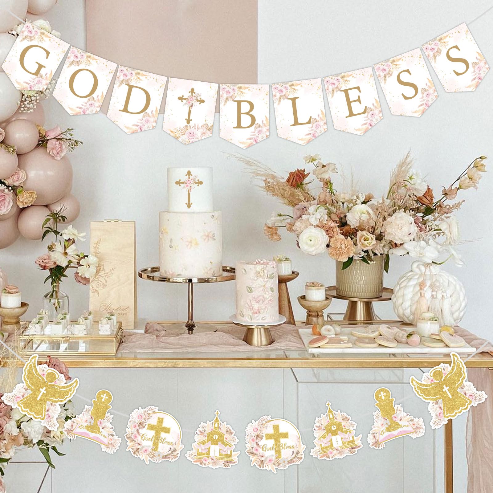 JOYMEMO Pampas Grass God Bless Banner with Baptism Garland - Baptism Decorations for Girls Boho First Holy Communion Christening Girl Shower Bridal Engagement Weddings Party Supplies