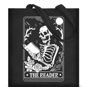 AUSVKAI Canvas Tote Bag Aesthetic for Women, Cute Book&skull Reusable Cloth Cotton Bags for College Shopping Beach Grocery Trendy Gifts