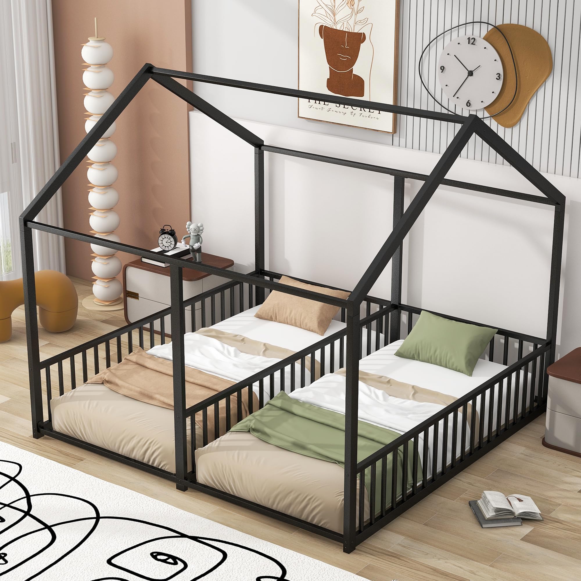 Harper & Bright Designs Twin House Bed for 2 Kids, Double Shared Size Kids Beds, Metal Twin Size Bed Frame, Montessori Floor Kids,Teens, Boys & Girls, Can Be Decorated Tent (Double Twin, Black)