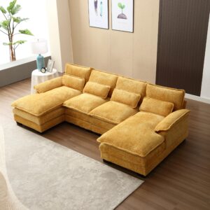 kevinplus 110.6'' sectional sofa couch cloud sofa couch with chaise lounge for living room, modern contemporary 4-seat u-shape sofa couch for apartment home office, chenille fabric, yellow