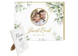 wedding guest book with photo frame - elegant flower design hardcover with golden edges wedding guest book - 120 pages for wedding reception, bridal shower, and special events