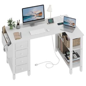 lufeiya white l shaped computer desk with drawers & storage shelves, 47 inch corner desk with power outlet for home office bedroom, l-shaped teen pc desks with fabric drawer, white