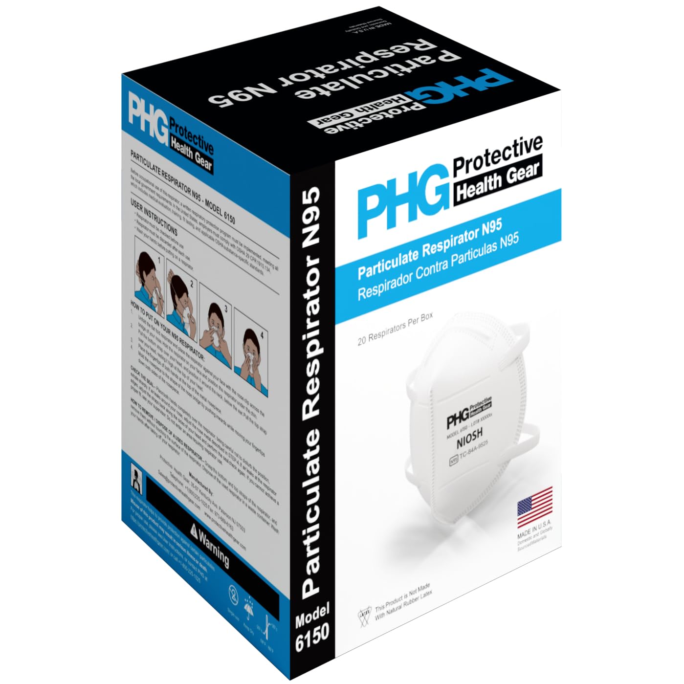 PHG PROTECTIVE HEALTH GEAR N95 Particulate Filtering Respirators, NIOSH Certified, MADE IN USA, For Medical & Personal Use, Head-Straps, 20 Individually Wrapped Masks