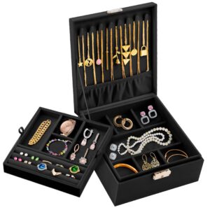 prestige & fancy 2 layer woman jewelry box, jewelry organizer for woman, men & girls large case 8.5x7.5x3.3in | pu leather black jewelry gift storage boxes for ring, necklace & bracelet with lock