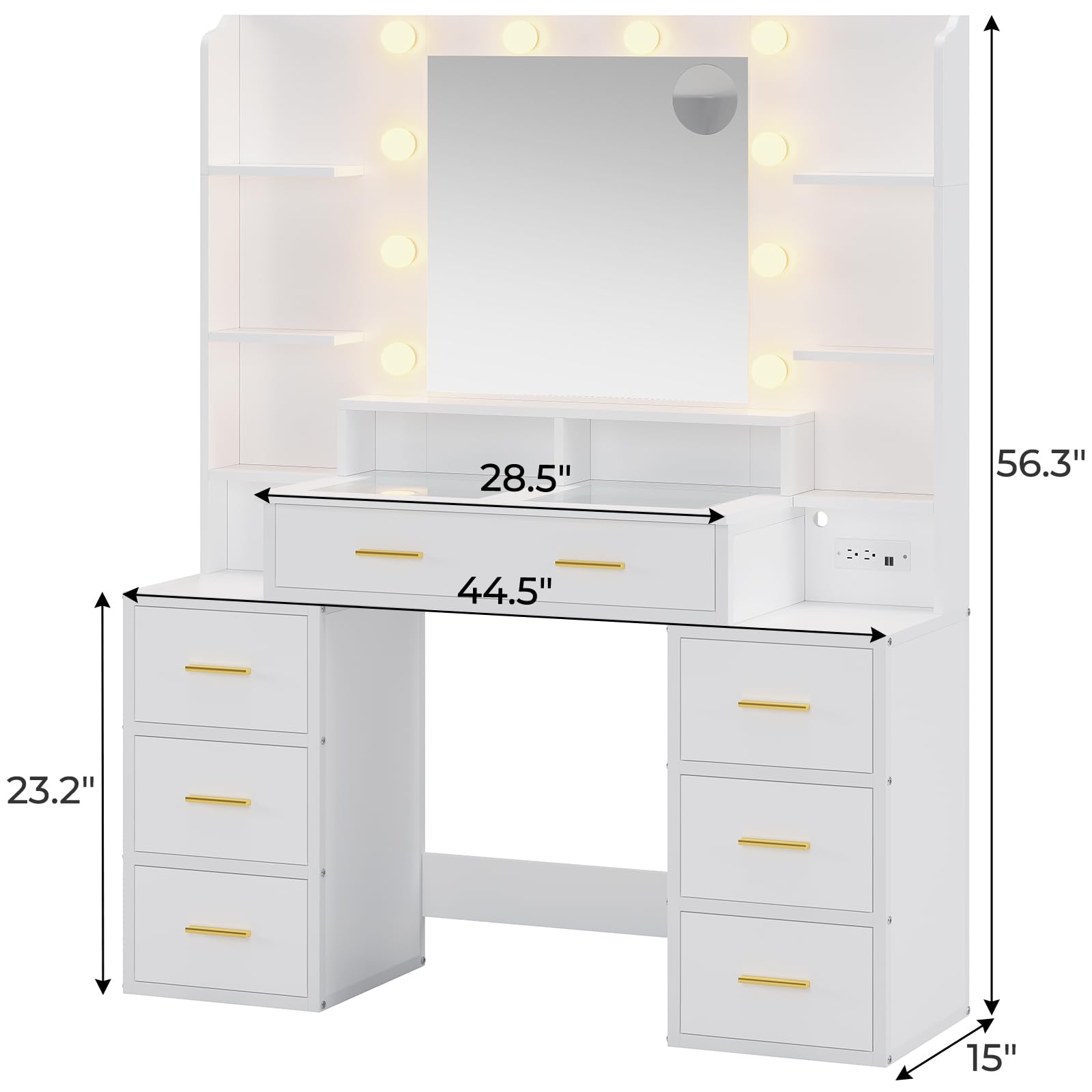 BTHFST Glass Top Vanity Desk with Mirror and Lights, Makeup Vanity with Lights, Charging Station and 10x Magnifying Mirror, Large Vanity Table with 8 Drawers, Acrylic Dividers and Shelves, White