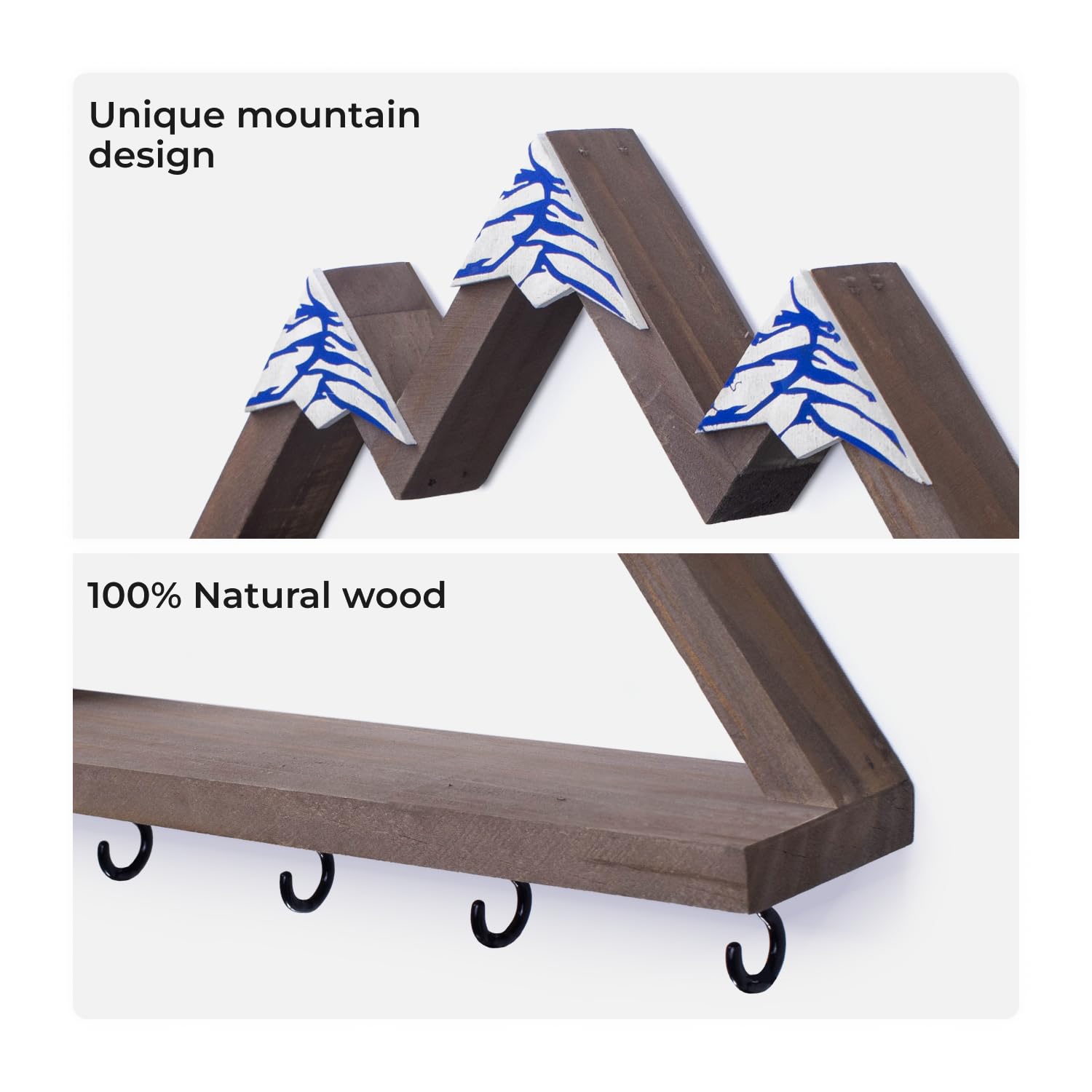 Wood Mountain Shelf - Key Holder Wall Mount Cute - Mountain Themed Nursery Décor - Farmhouse Key Holder for Wall (Brown/Blue)