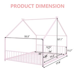 ODUWA Full Size House Bed for Kids,Metal House Platform Bed with Guardrail,Montessori Floor Bed Frame with Roof,Full Bed Frames for Kids,Toddlers,Girls,Boys