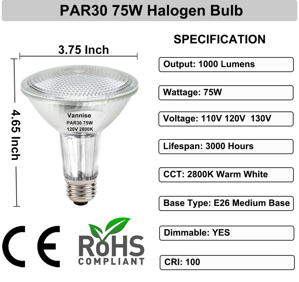 Vannise PAR30 Halogen Bulb 75W 120V, 6 Pack High Output 1000LM PAR30 Long Neck Halogen 75W with Warm White 2800K, PAR30 Dimmable, Long Lasting PAR30 Flood Light Bulb with E26 Medium Base