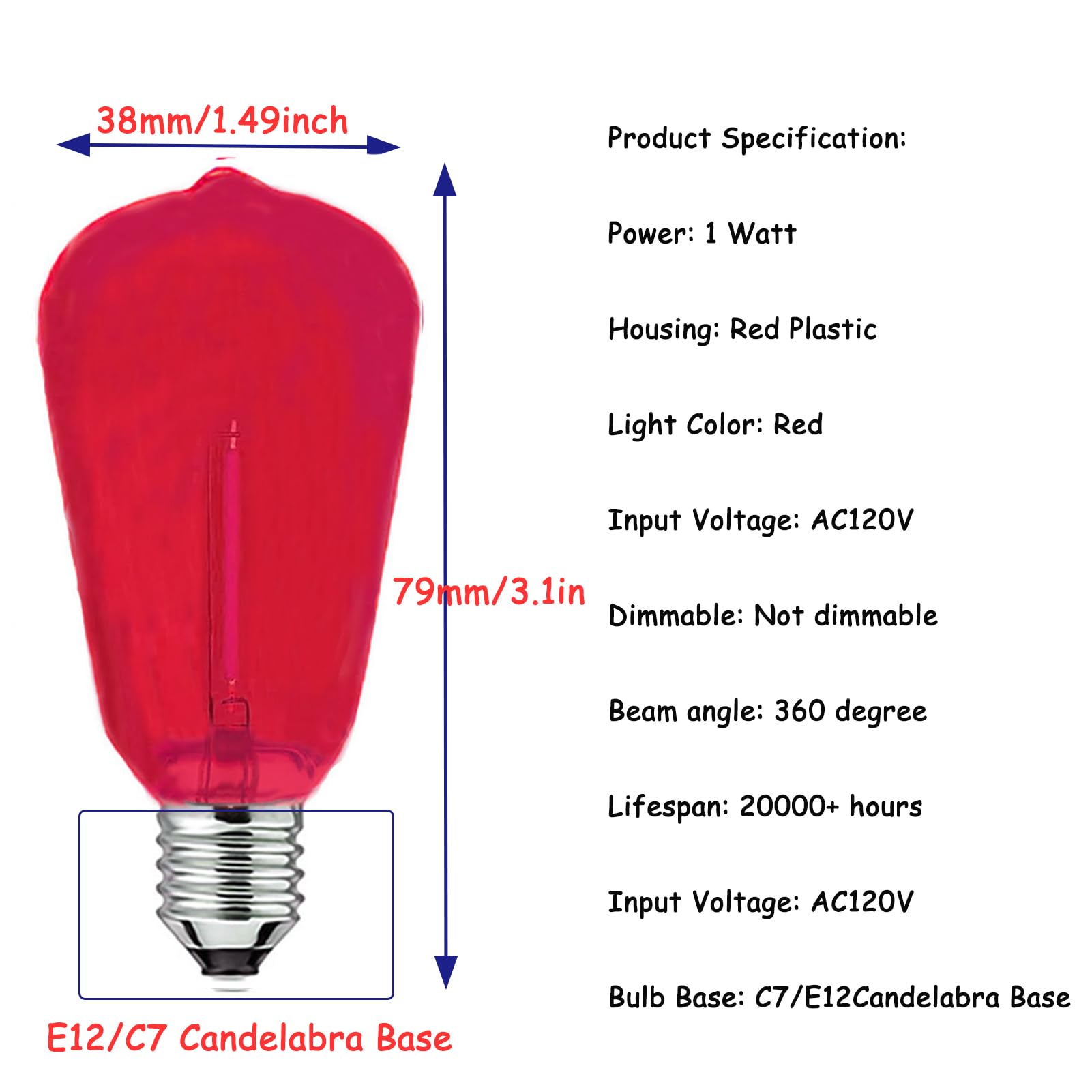 Red ST38 Replacement LED Bulb Red 1W Shatterproof C7/E12 Candelabra Base ST38 Filament Bulb Red Plastic LED Indoor Outdoor String Light Replacement Bulbs for Wedding Party Home, Red (15 Pack)