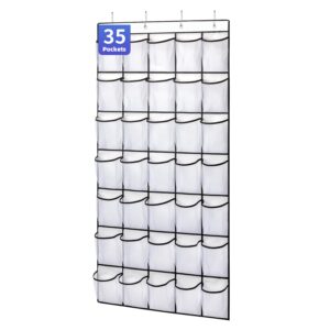 saverho 35 pockets over the door shoe organizer, hanging shoe organizer for door with 35 mesh pockets large capacity shoe hanging storage bag with 4 metal hooks (white-1pack)